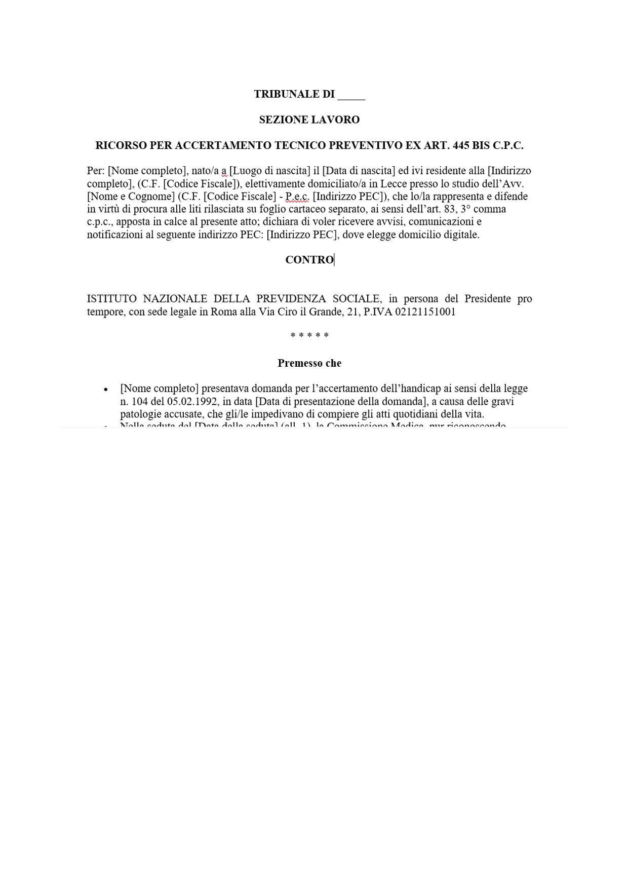 MODELLO Accertamento Tecnico Preventivo ATP Medica Lavoro ex 445 bis c ...